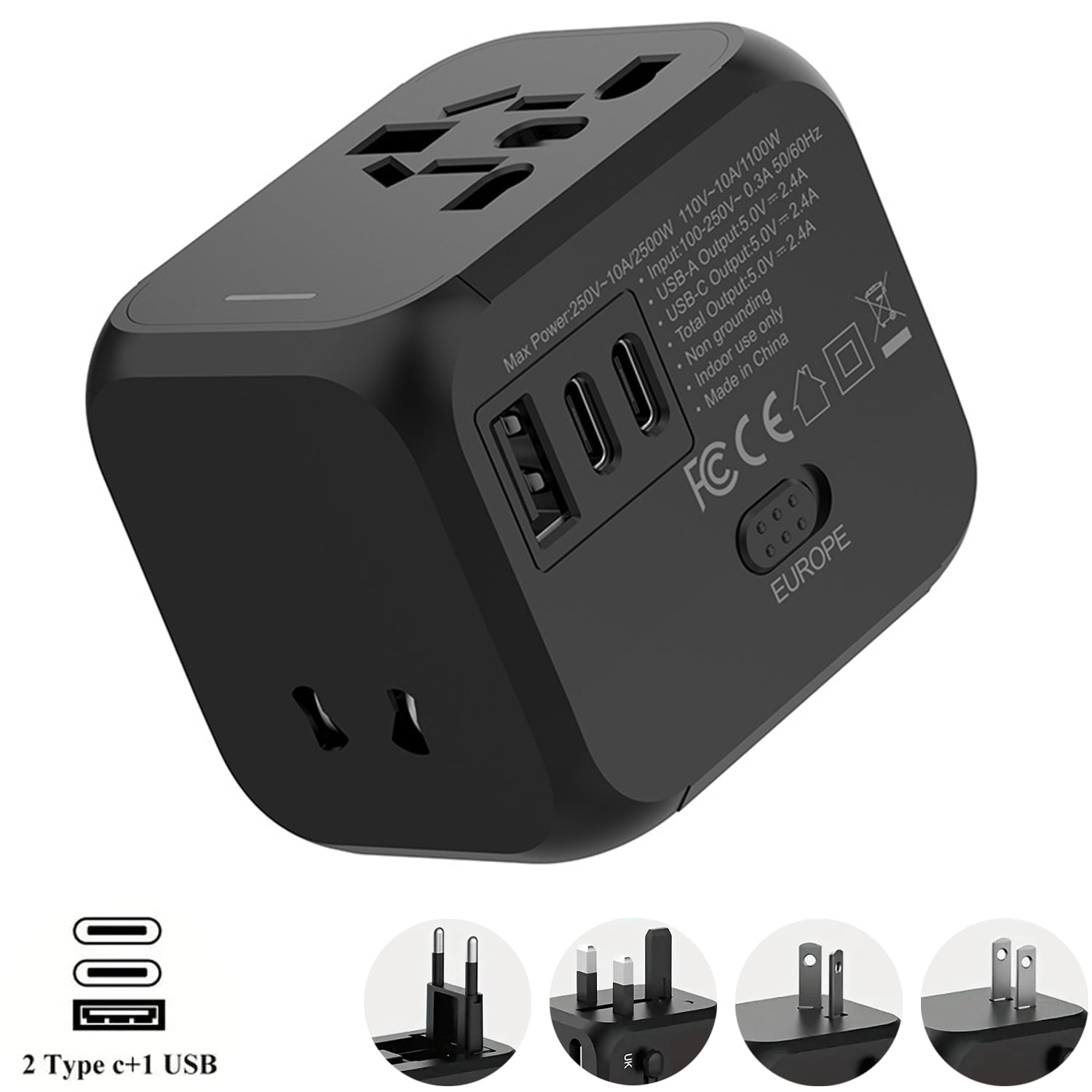 2500W Universal Travel Adapter with Dual Type-C & USB-A Ports,Compact ...