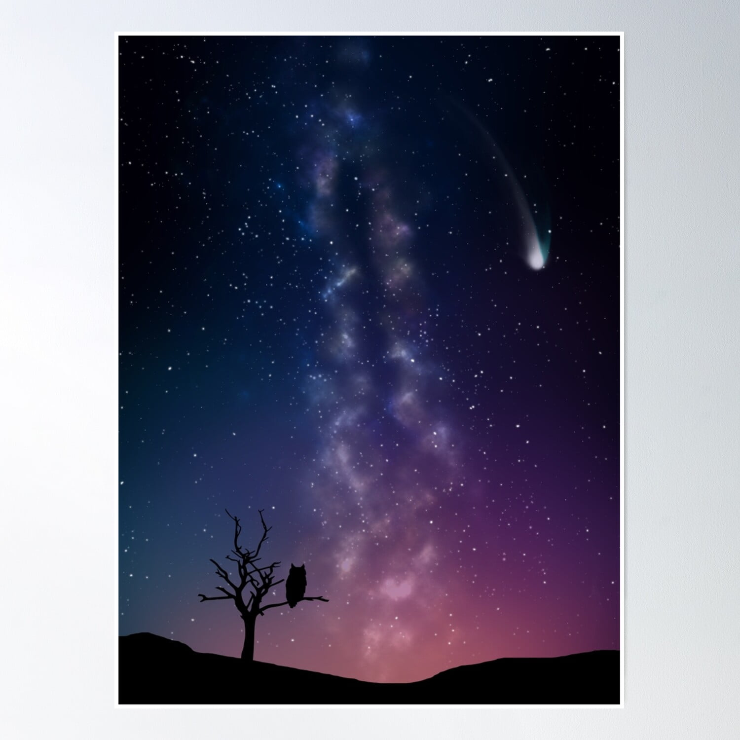 25012018 Milky Way + A Comet + An Owl (Digital) Poster Wall Art, Modern ...