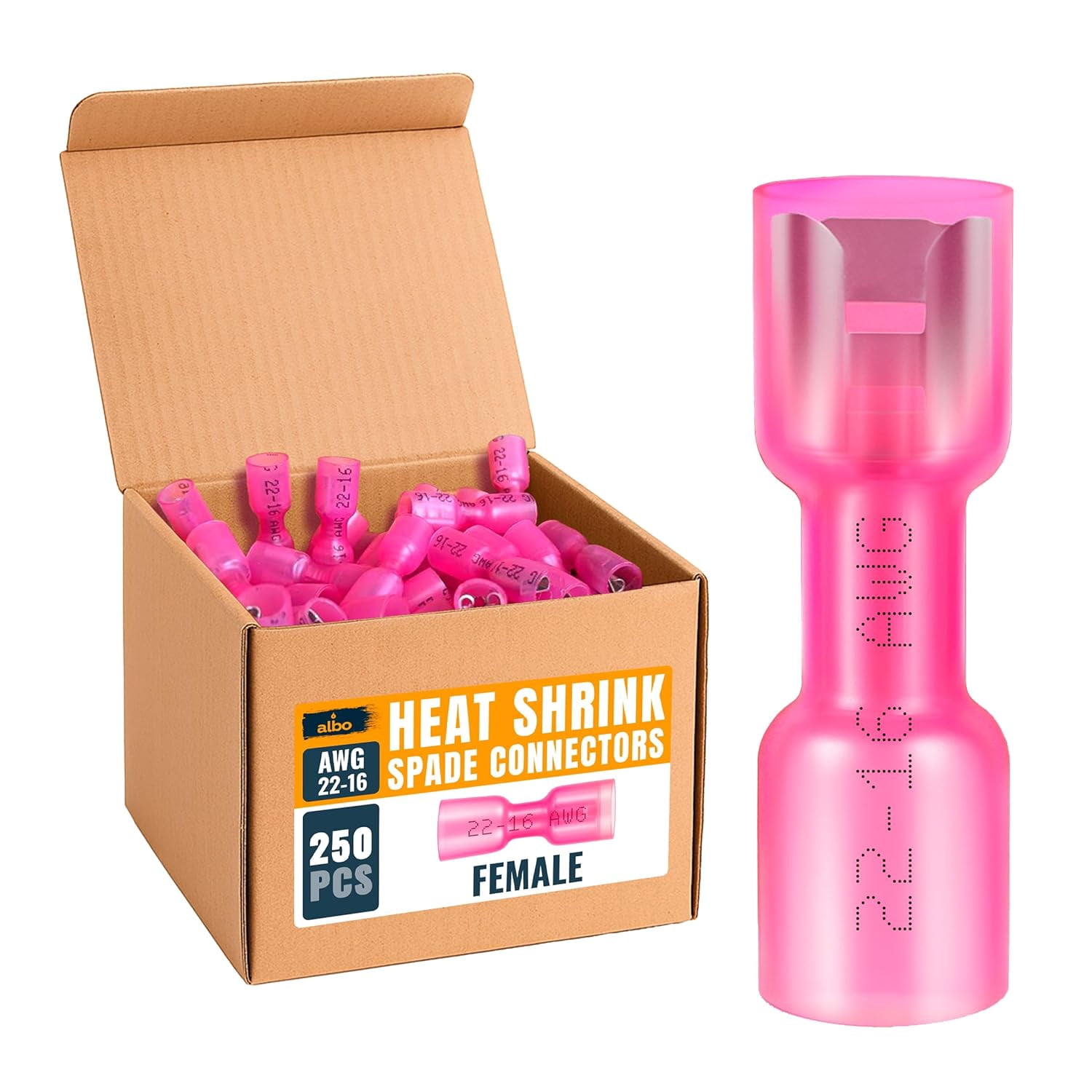250PCS Heat Shrink Female Spade Connectors Kit – AWG 22–16 Red ...