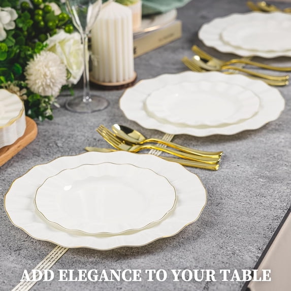 250PCS Ivory Plastic Plates Sets with Gold Rim, Gold Dinnerware Set for ...