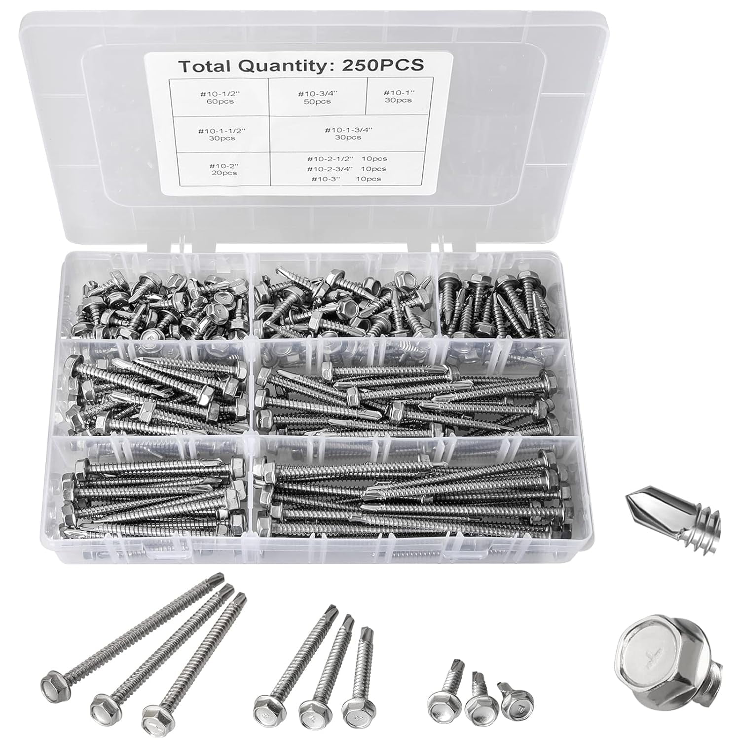 250PCS Self Tapping Screws, #10 Self Drilling Tek Screw Assortment Kit ...