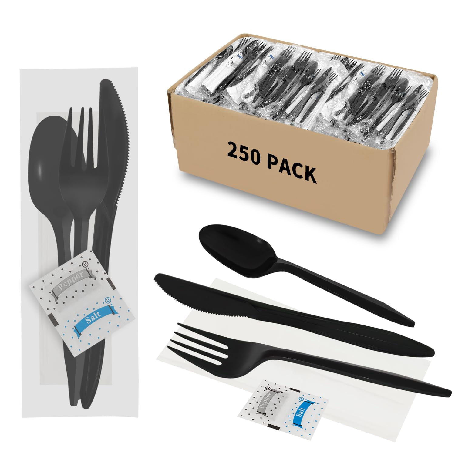 250Pack Plastic Cutlery Packets, IEF31 Knife Fork Spoon Napkin Salt ...