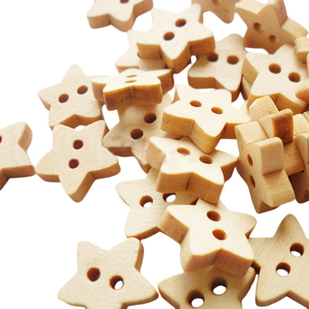 250Pcs 2 Holes Wooden Star Buttons Small Natural Basic Pentagram Shape ...