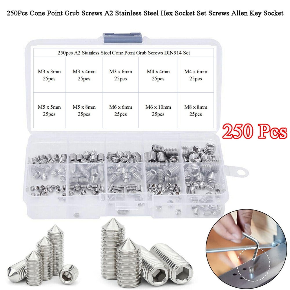 250pcs 304 Stainless Cone Point Grub Screws Hex Socket Set Screw Kit M3 ...
