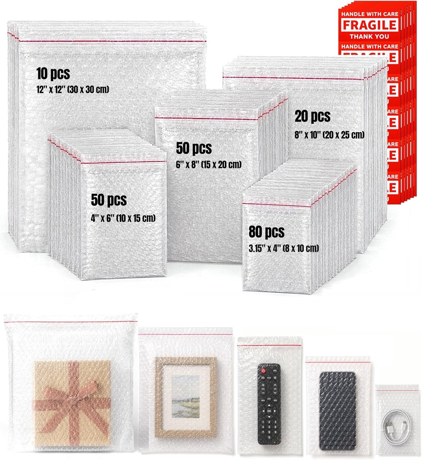 250Pcs 5 Sizes Self Sealing Bubble Wrap Pouches, 40 Fragile Sticker ...