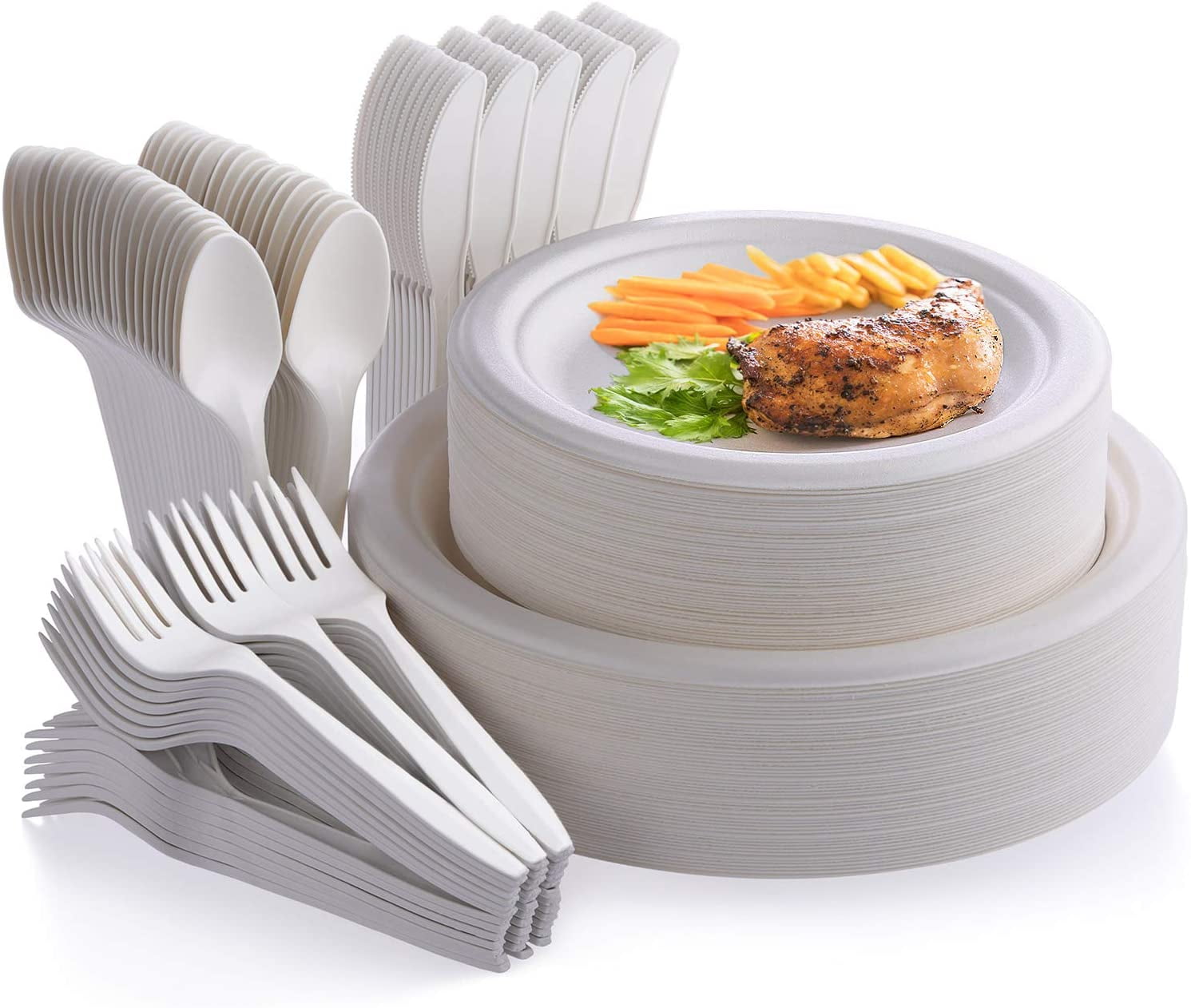 250Pcs Compostable Paper Plates with Cutlery Set, Disposable ...