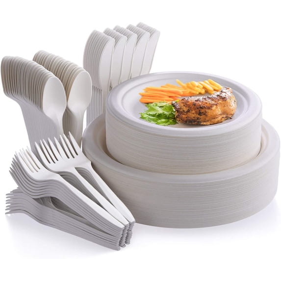 250Pcs Compostable Paper Plates with Cutlery Set, Disposable ...
