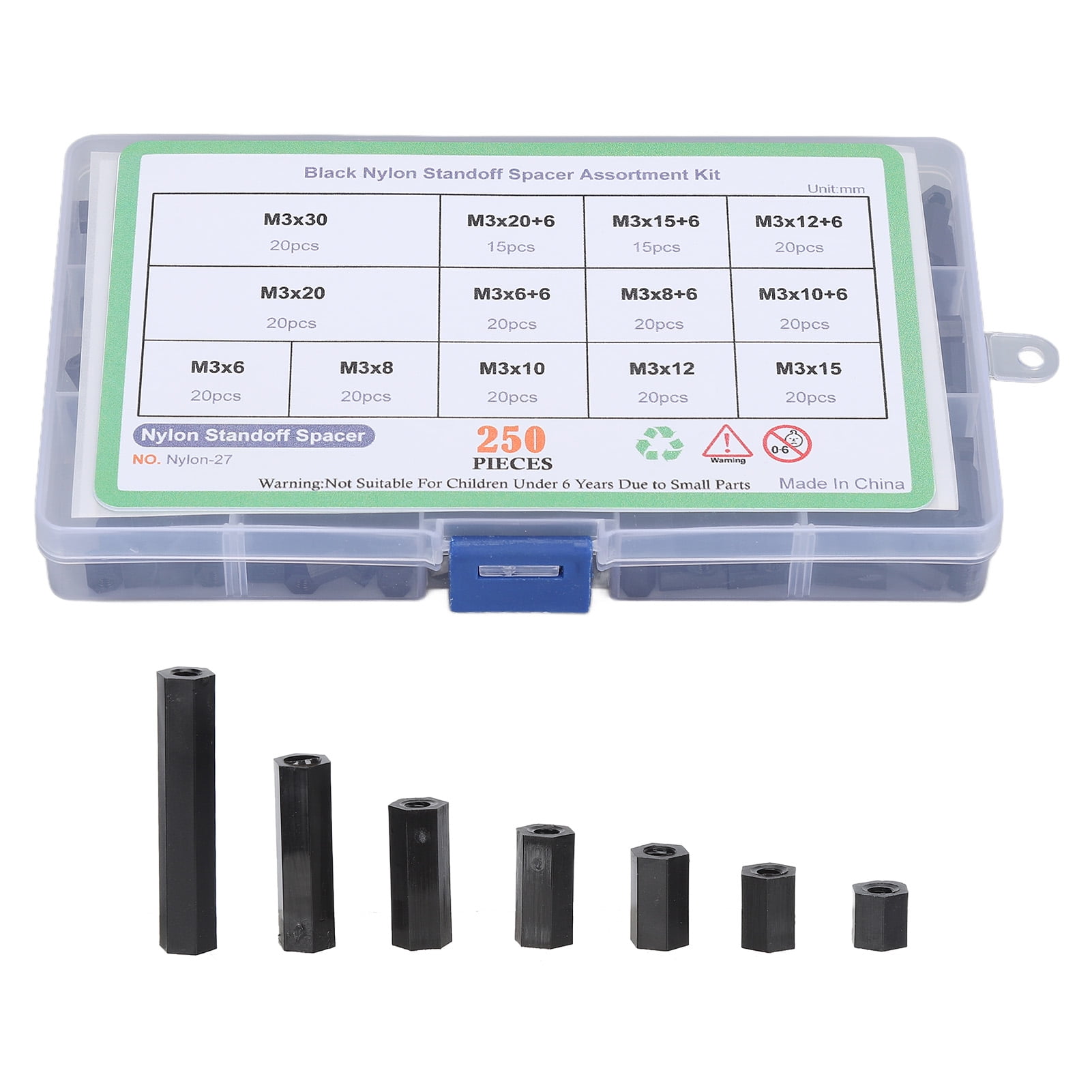 250Pcs Comprehensive Nylon Hex Spacer Standoff M3 Screw Nut Assortment ...