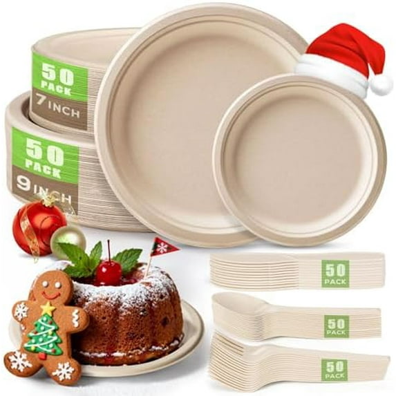 250Pcs Disposable Paper Plates Set, Compostable Plate Sugarcane ...