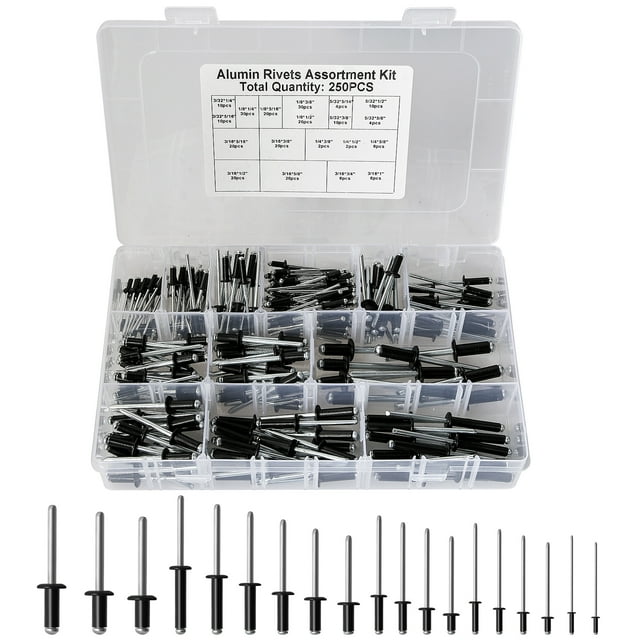 250pcs Black Pop Rivets Assortment Kit, Aluminum Blind Rivets, Flange ...