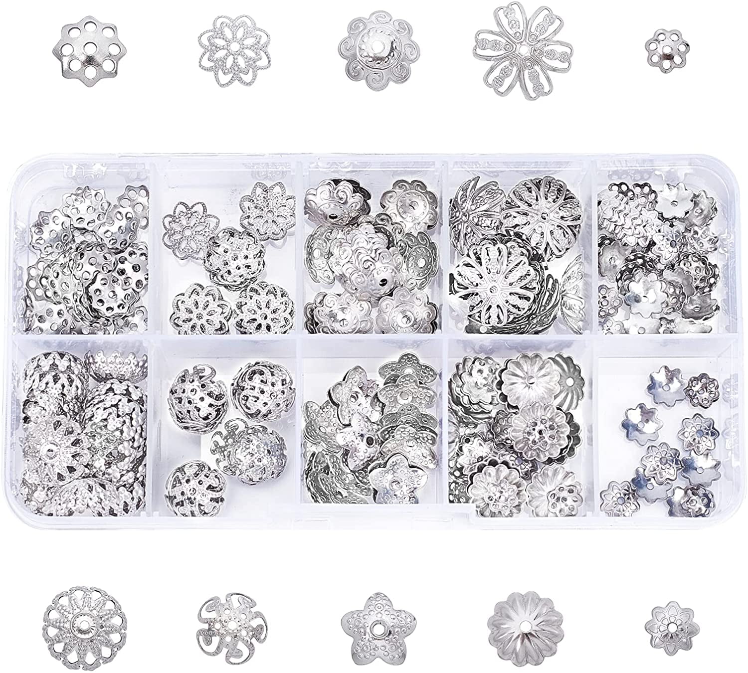 250pcs Multi-Petal Bead Caps Surgical Steel Spacer End Caps Flower Bead ...