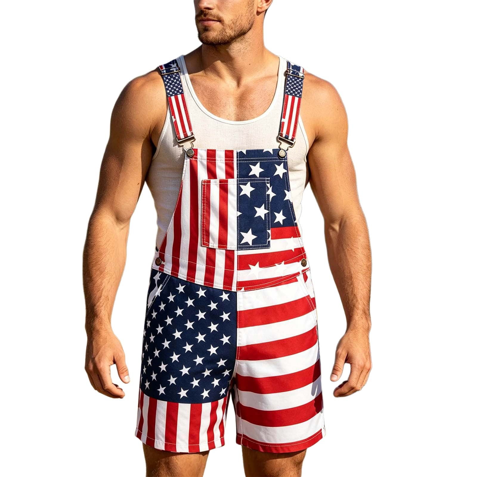 250th Anniversary American Flag Bib Overalls Men Casual Short Romper ...