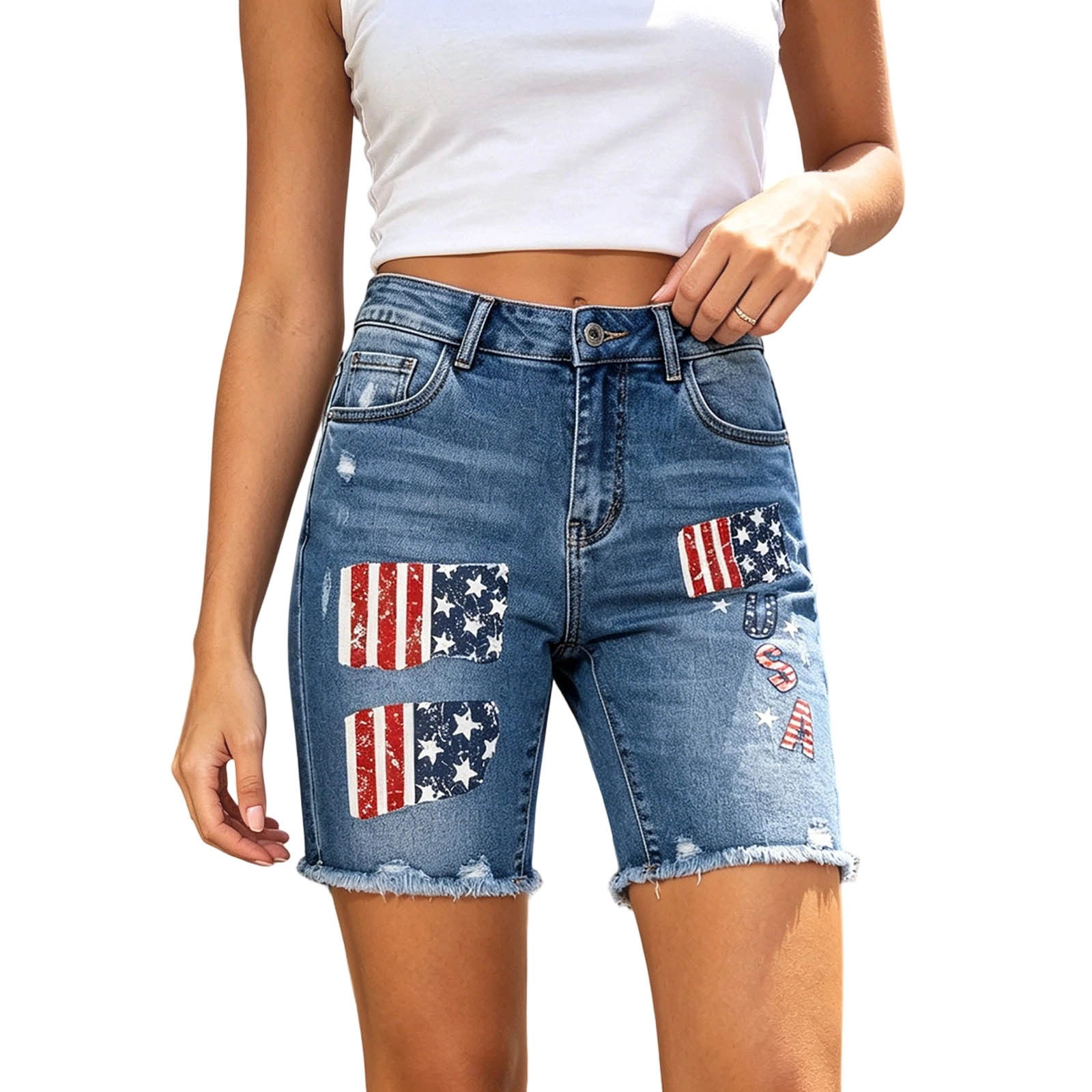 250th Anniversary American Flag Mid Rise Denim Bermuda Shorts for Women ...