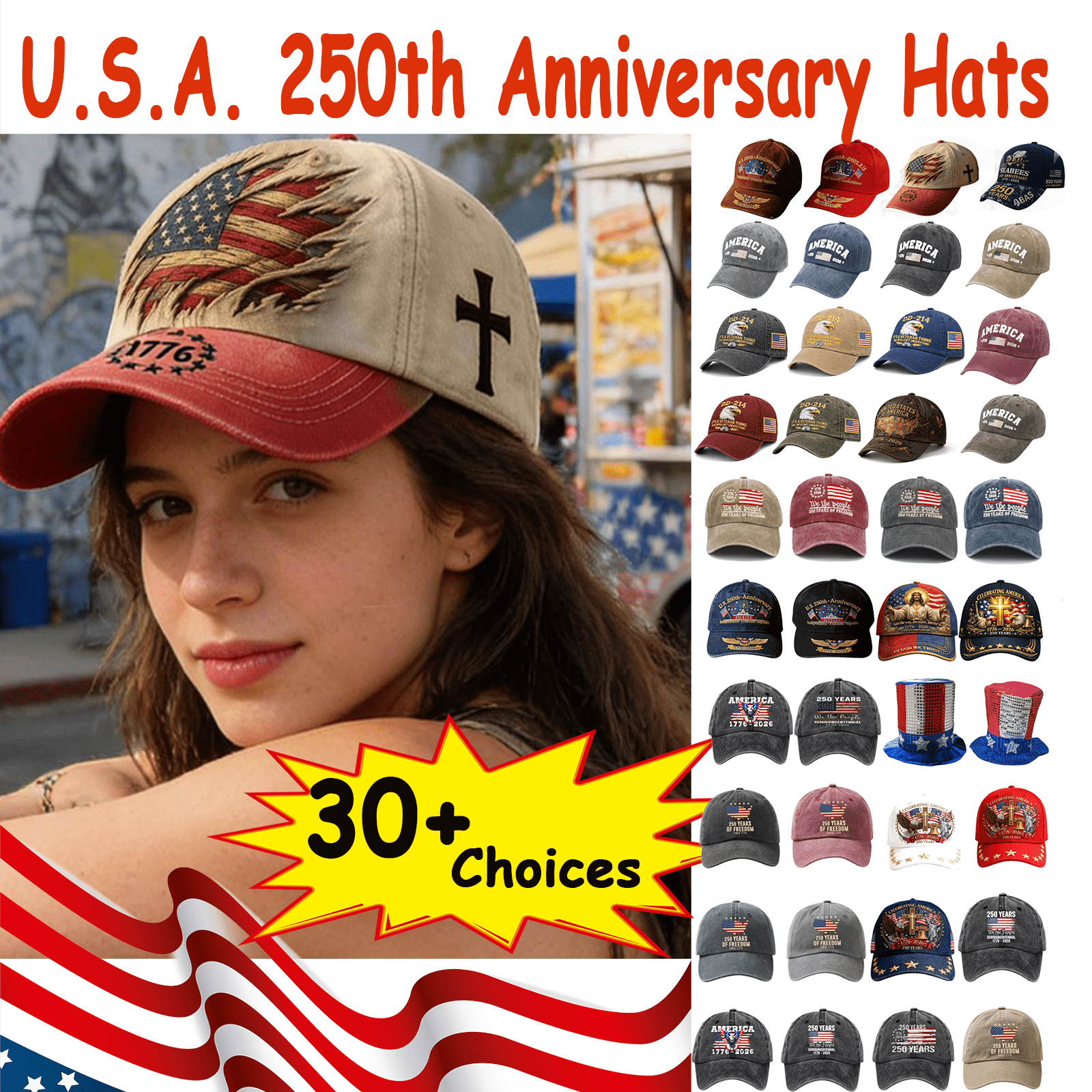 250th Anniversary Embroidered Baseball Hat, Outdoor Sports Patriotic ...