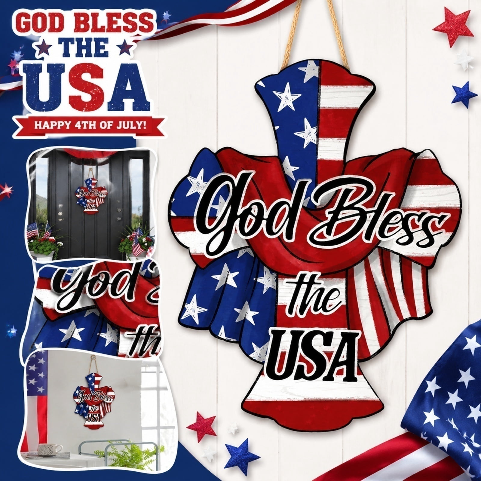 250th Anniversary God Bless America Wreath, Wooden Patriotic Cross Door ...