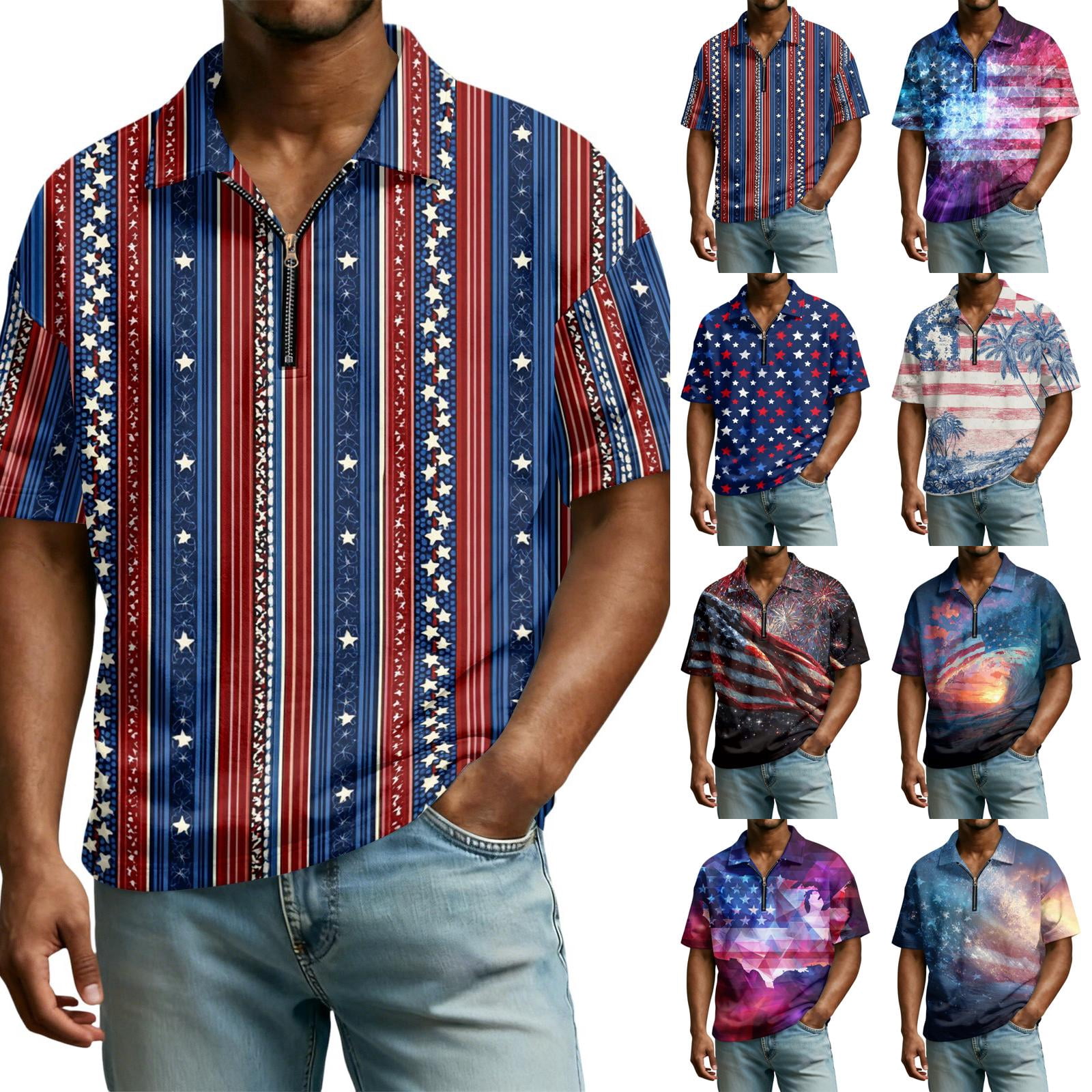 250th Anniversary Men's Patriotic Zip Polo Shirt, 1776-2026 Flag Print ...