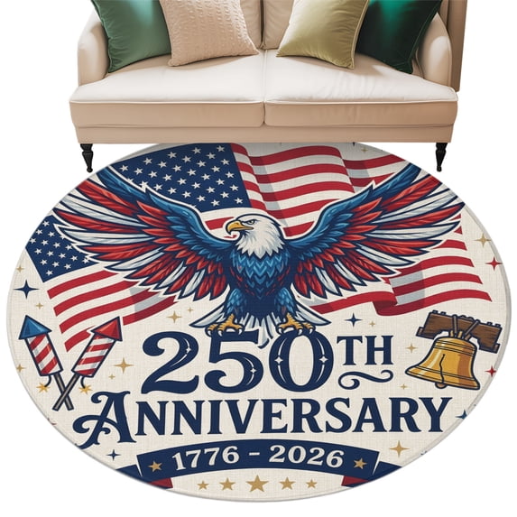 250th Anniversary Round Rug 8ft Washable Circle Rugs Non Slip American ...