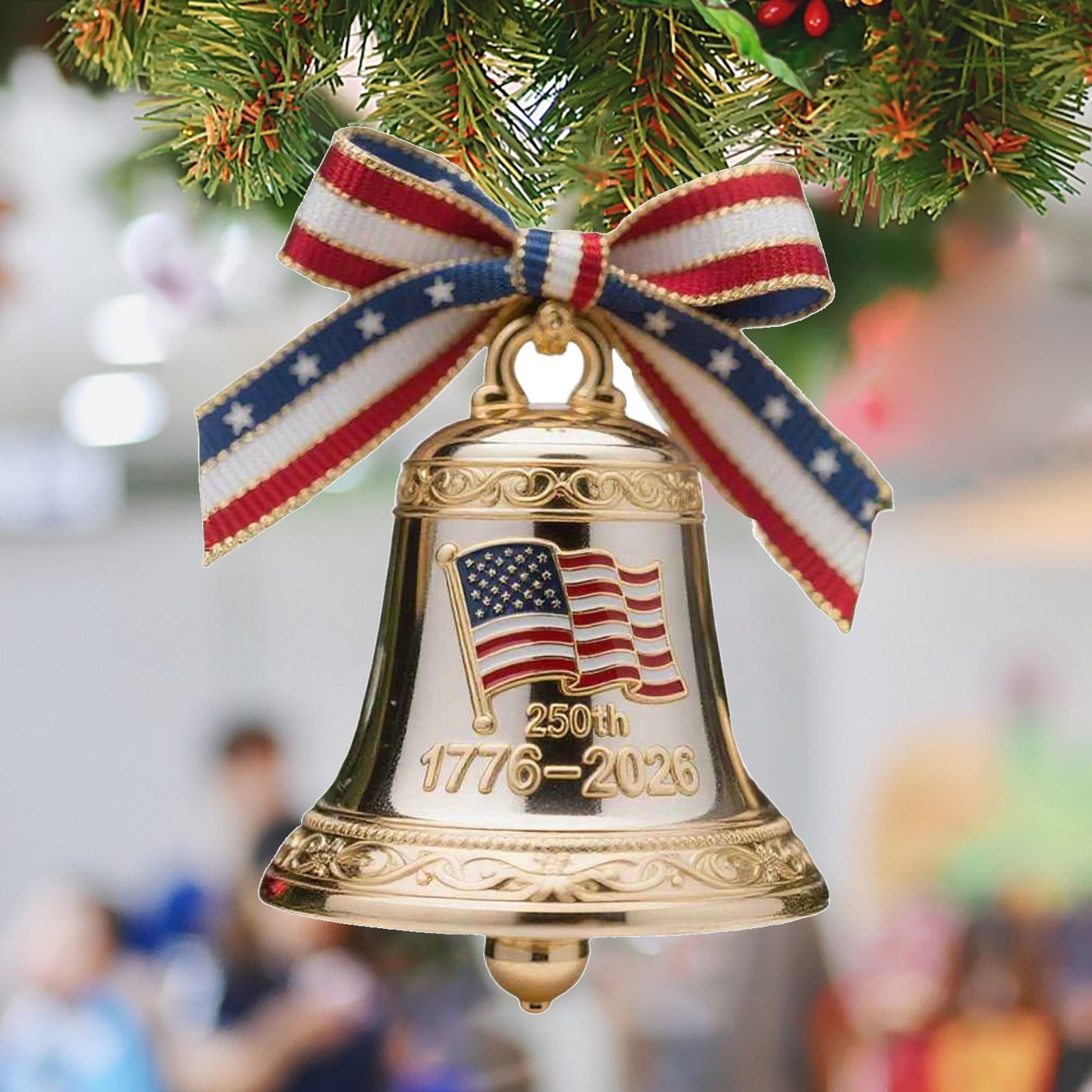 250th Anniversary Sticker Gold Bell Ornament 1776-2026 Date Engraved Patriotic Star-Spangled ...