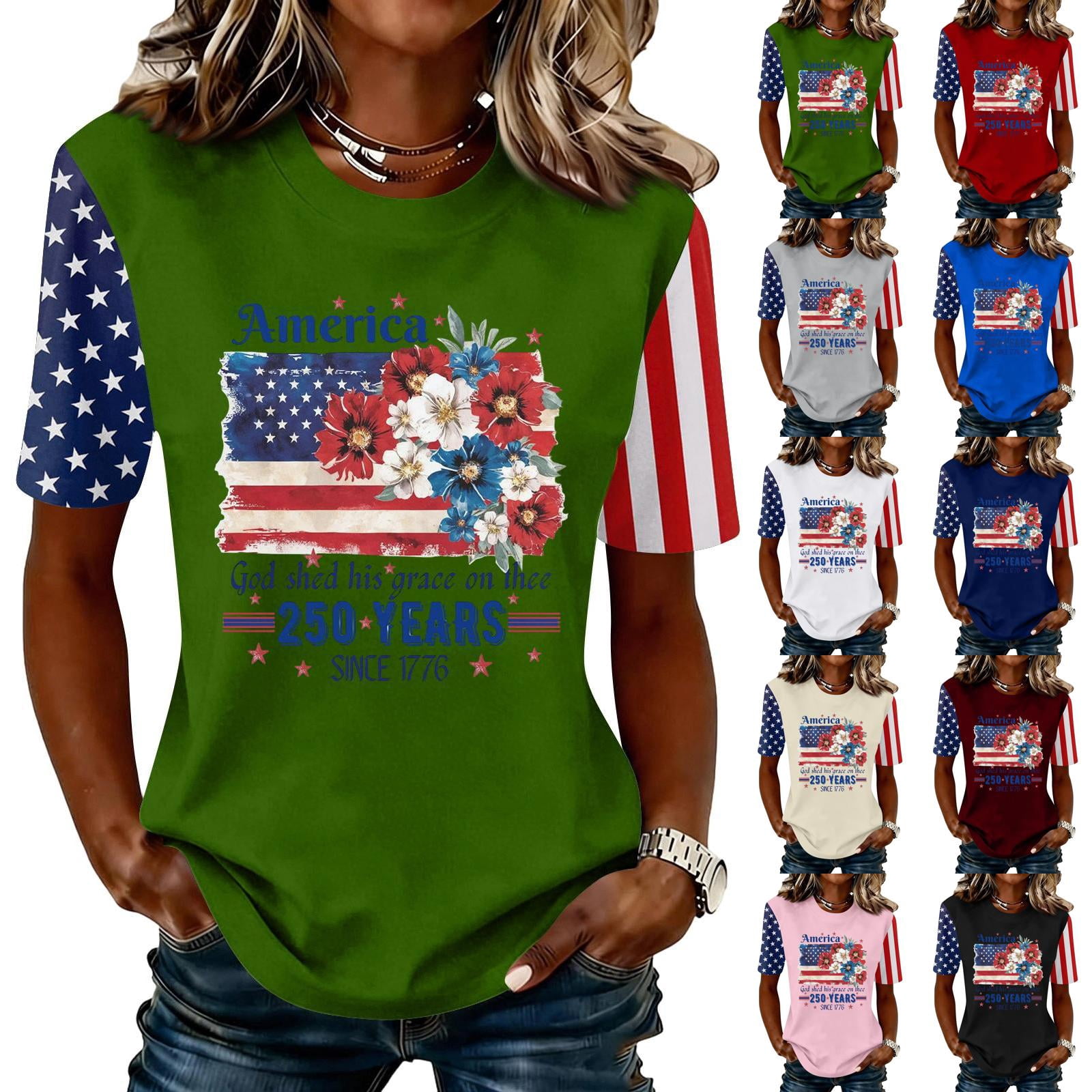 250th Anniversary T-Shirt for Women 1776-2026 - Patriotic Floral ...