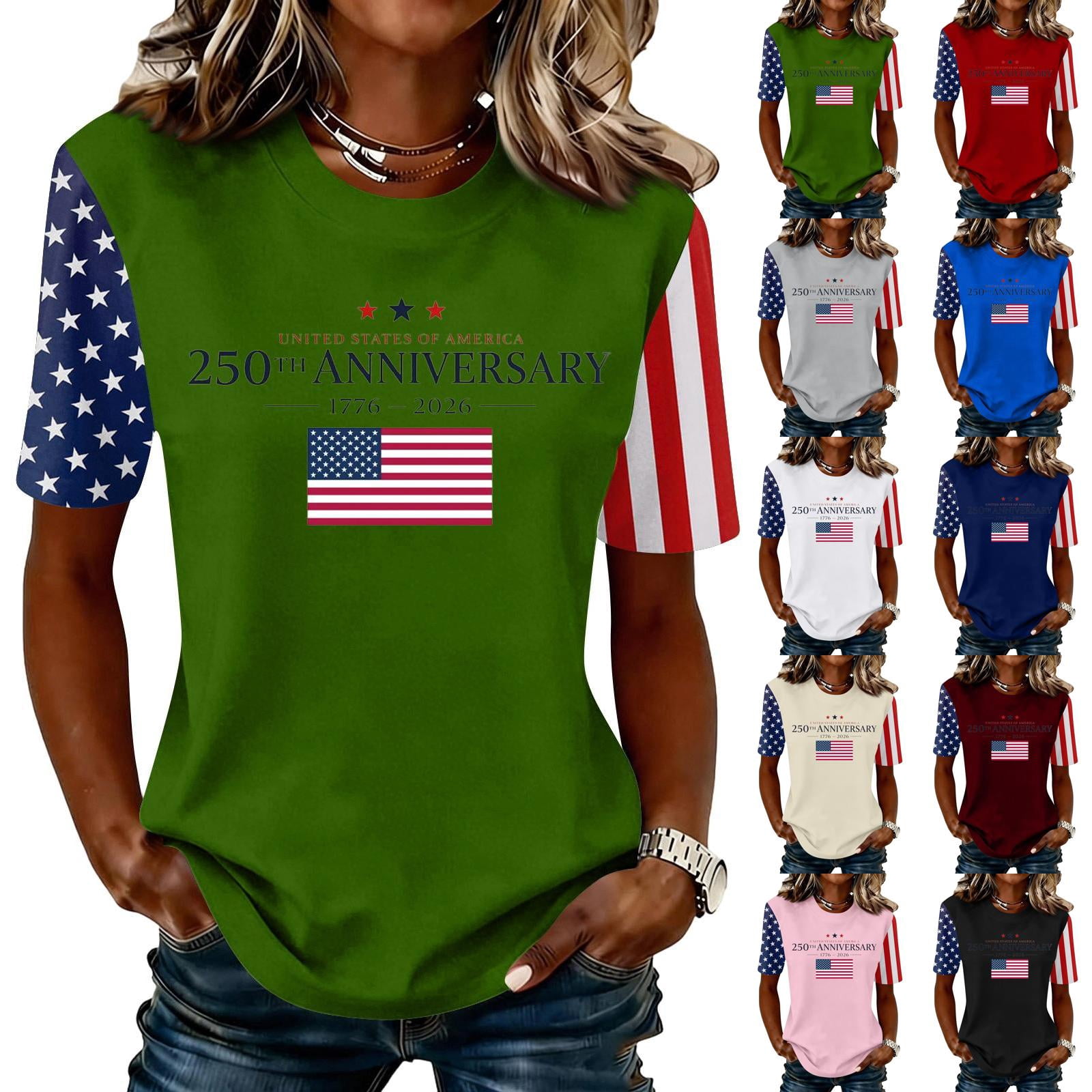 250th Anniversary T-Shirt for Women - Patriotic Flag Print Short Sleeve ...