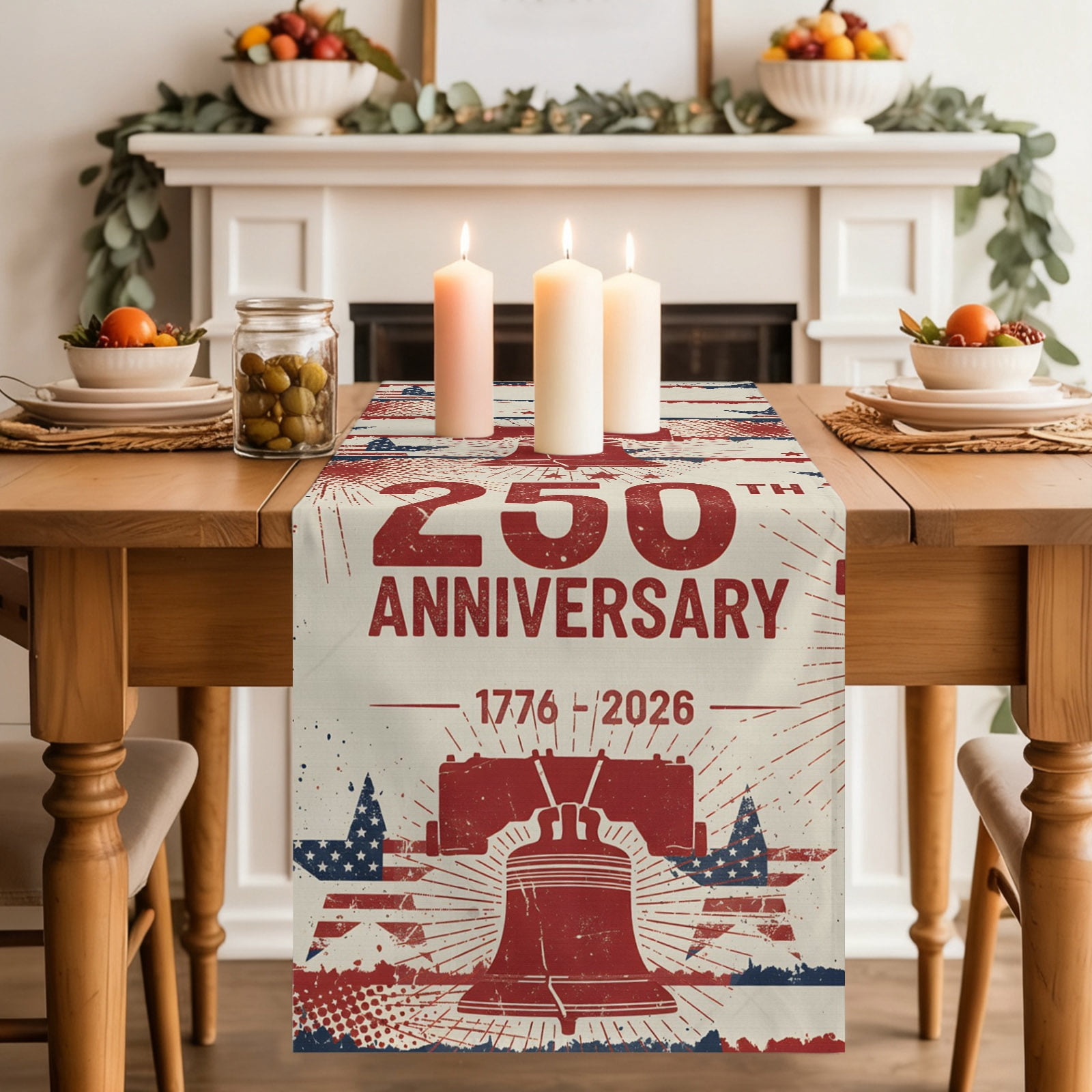 250th Anniversary Table Runner, Liberty Bell Stars Vintage 1776-2026 ...