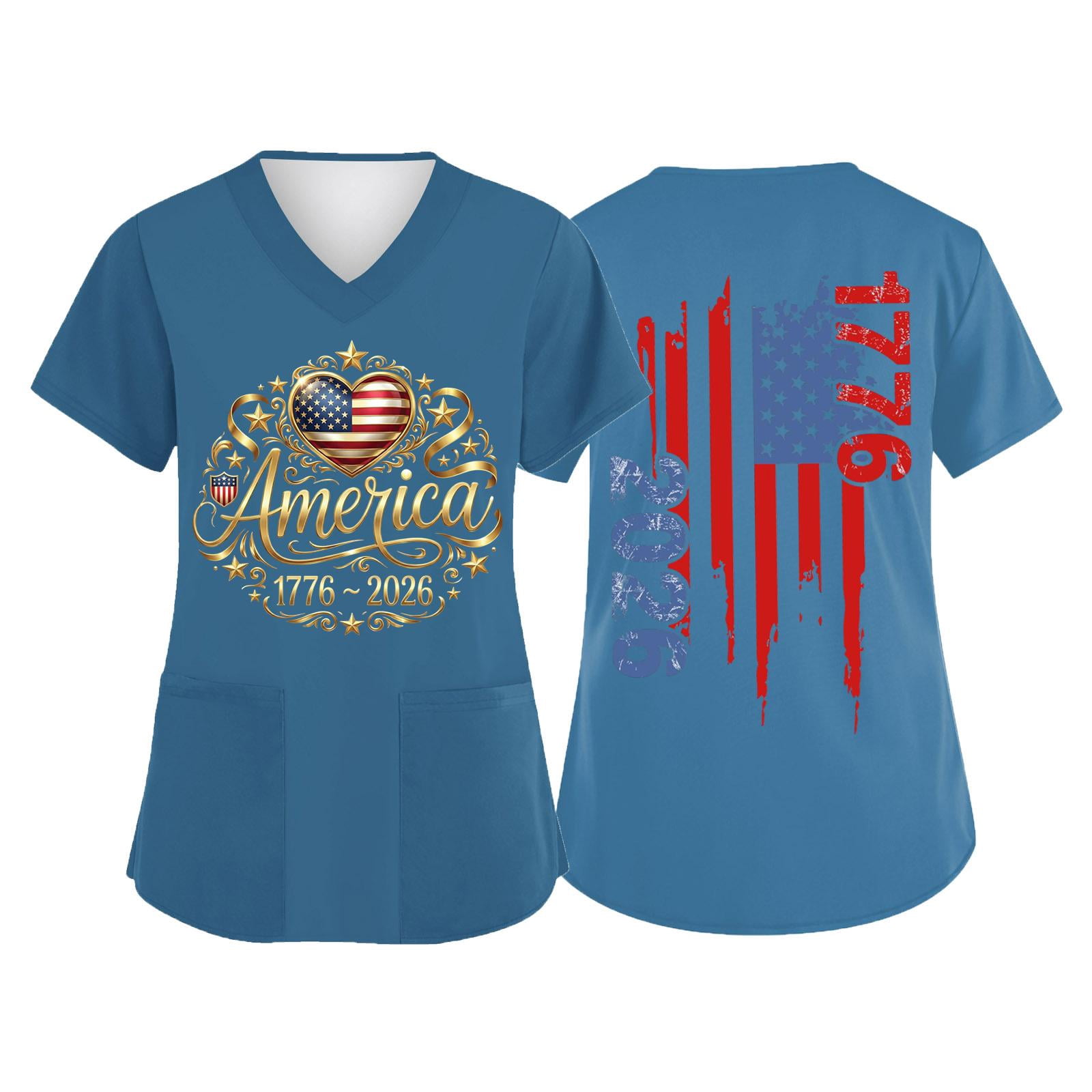 250th Anniversary USA Scrub Tops Women Casual V Neck USA Flag Print ...