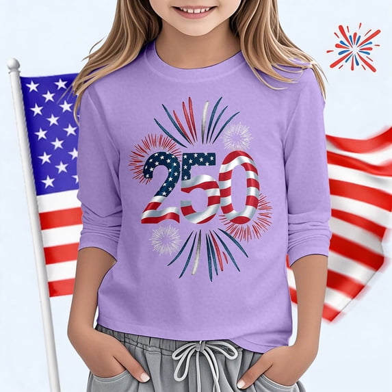 250th Anniversary USA Shirt Girls 3/4 Sleeve Crewneck Independence Day ...