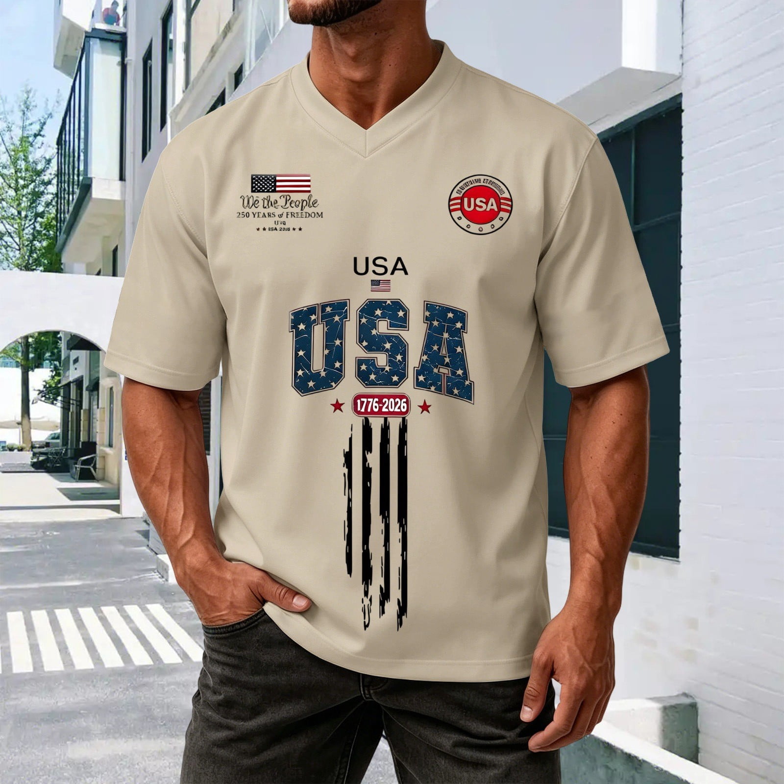 250th Anniversary USA Shirt Mens Short Sleeve V-Neck Independence Day ...