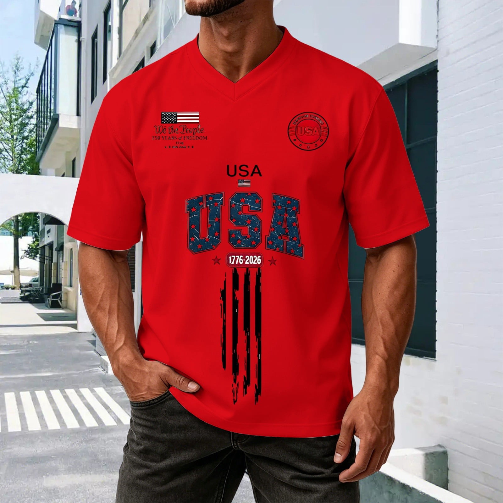 250th Anniversary USA Shirt Mens Short Sleeve V-Neck Independence Day ...