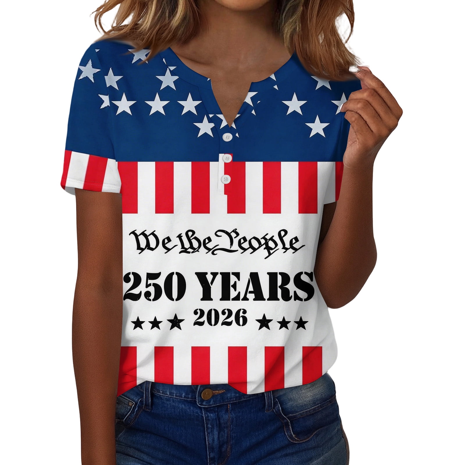 250th Anniversary USA Shirt Women Button V Neck American Flag Tunic ...