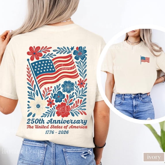 250th Anniversary USA T-Shirt - Boho Floral American Flag Patriotic Tee ...