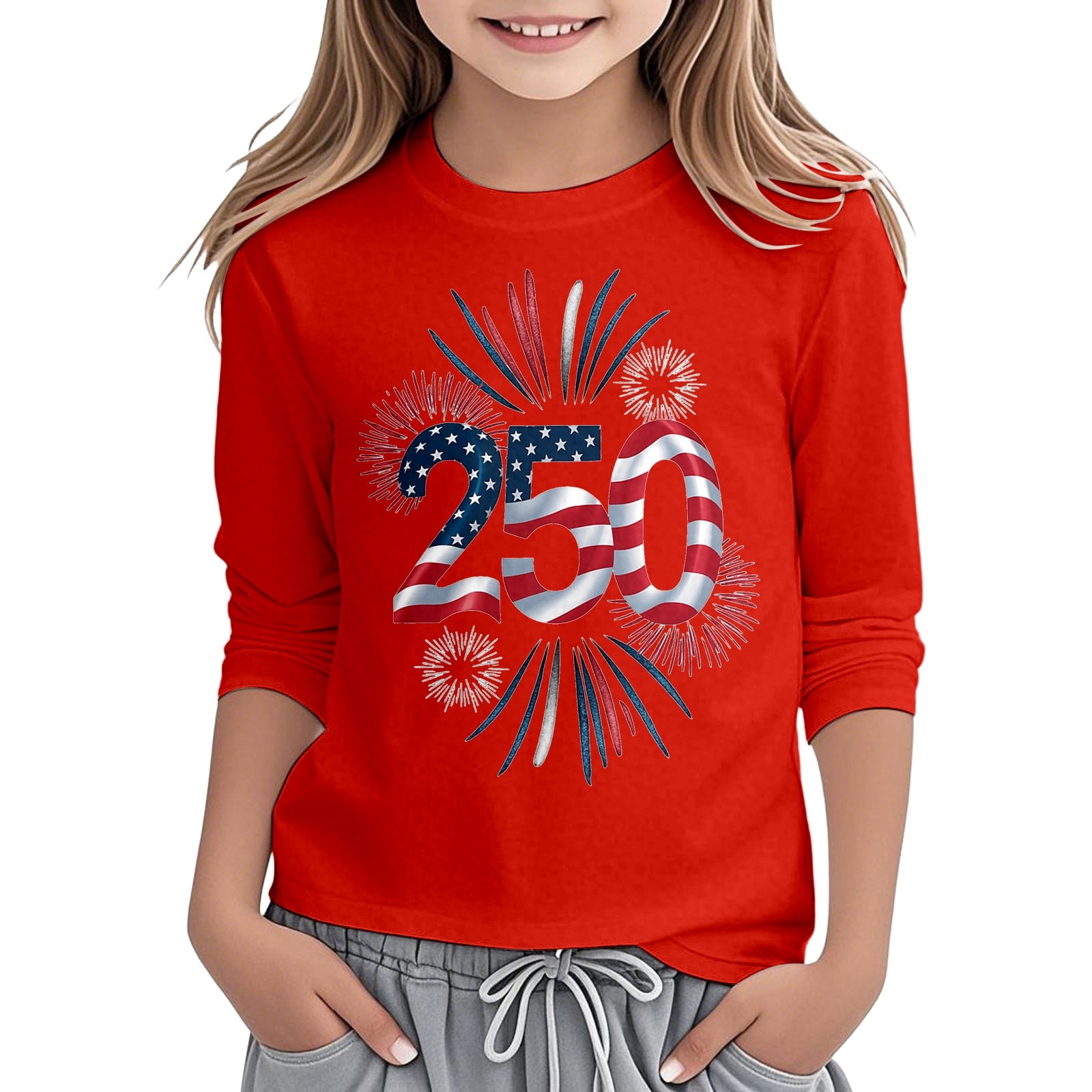 250th Anniversary Usa Shirt Girls 3/4 Sleeve Crewneck Patriotic Graphic ...