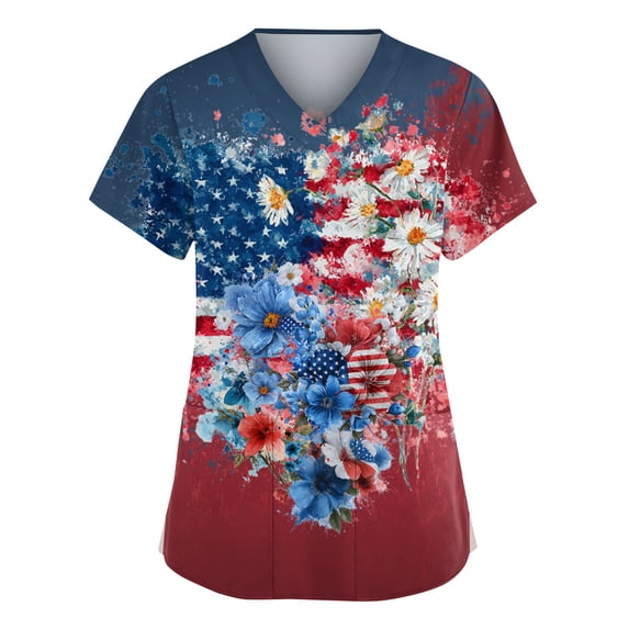 250th Anniversary USA Womens Scrub Tops Casual V Neck USA Flag Print ...
