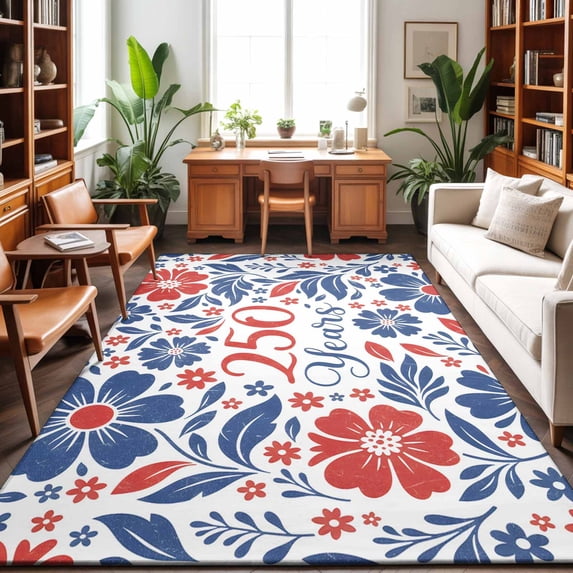 250th Anniversary Washable Area Rug 6 x 9 ft Red White Blue Flower ...