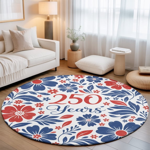 250th Anniversary Washable Round Area Rug 8 ft, Red White Blue Flower ...