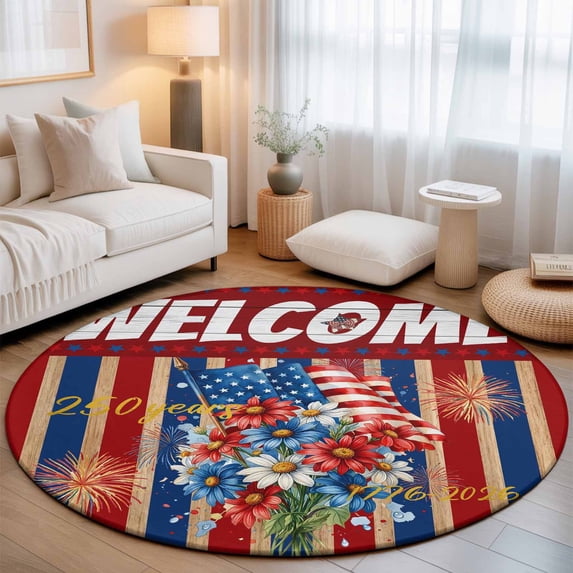 250th Anniversary Welcome Washable Round Area Rug 3 ft, American Flag ...