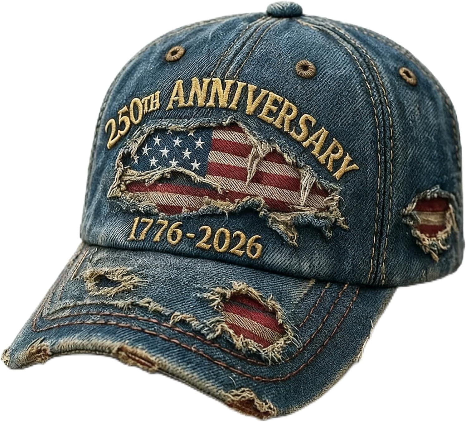 250th US Anniversary Distressed Denim Hat – 1776–2026 Embroidered ...