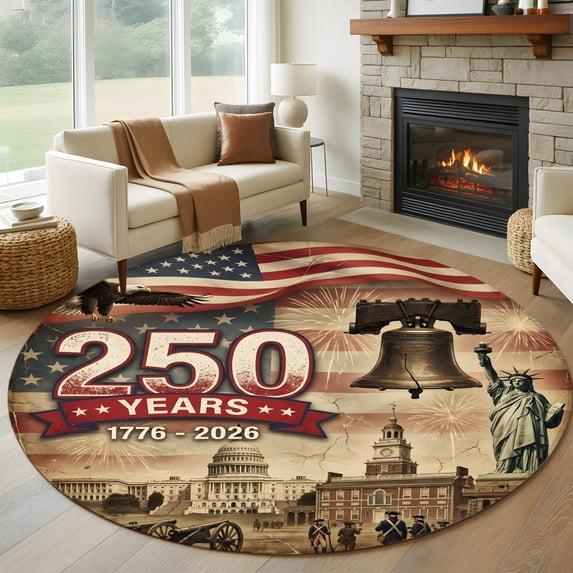 250th Years 8' Round Rug for Open Concept Living Room Seating Zone ...