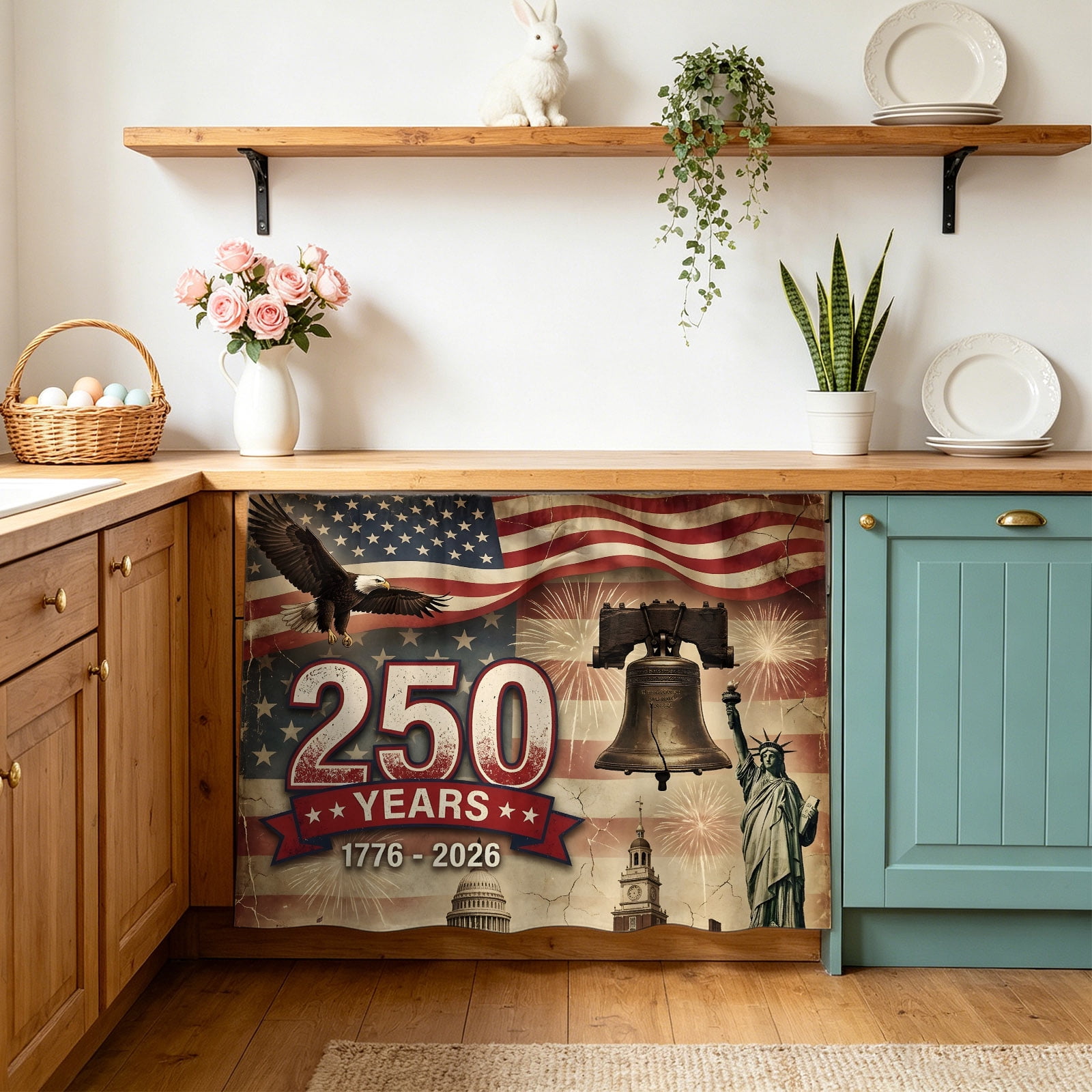 250th Years Cabinet Curtains 11" W x 13" L, American Flag Liberty Bell ...