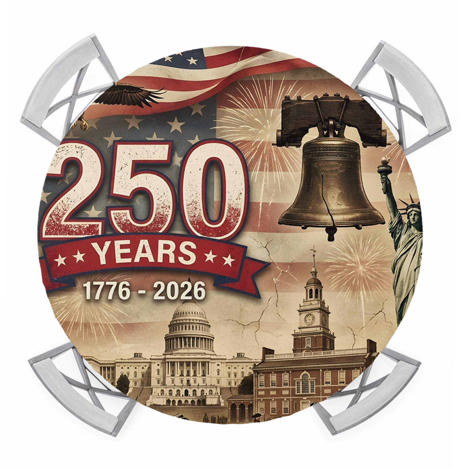 250th Years Round Table Cover, American Flag Liberty Bell Statue of ...