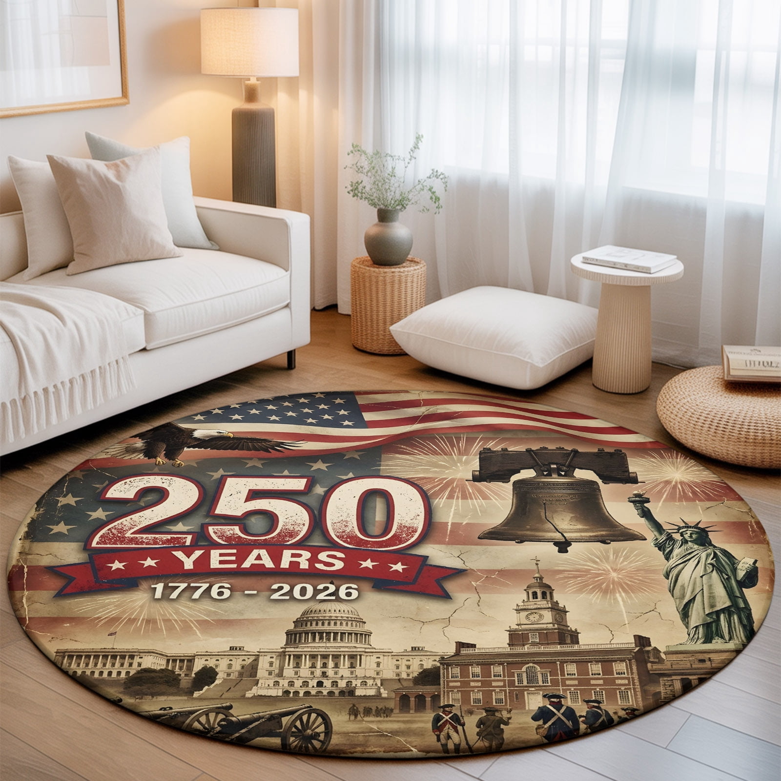 250th Years Washable Round Area Rug 5 ft, American Flag Liberty Bell ...