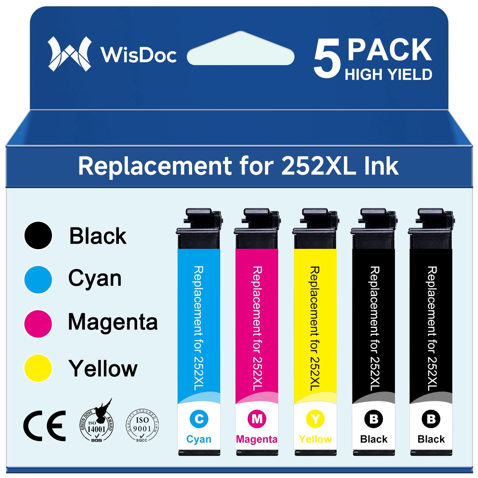 WISDOC Ink Cartridge Pack for Epson Workforce 252XL 5-Pack Black Cyan ...