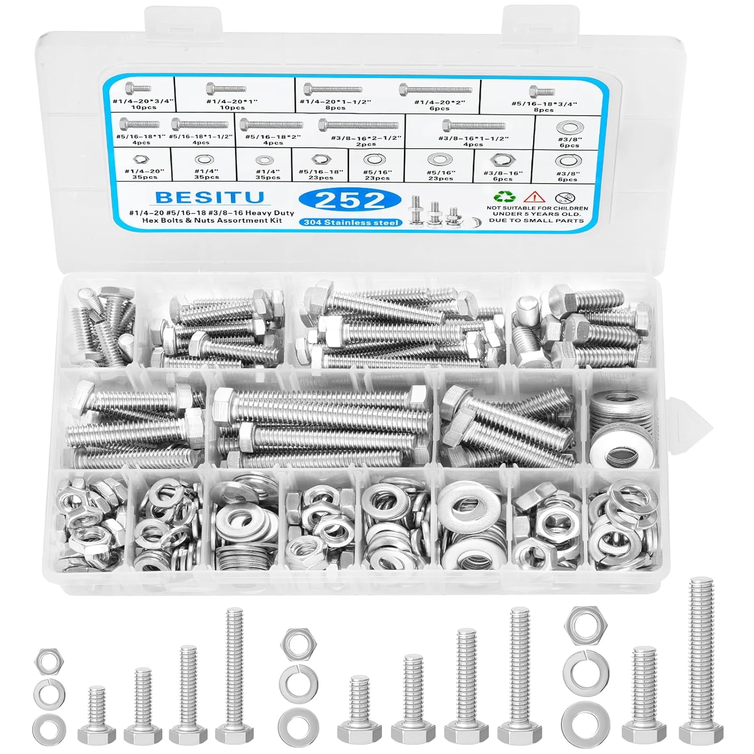 252Pcs Hex Bolts and Nuts Assortment Kit, 1/4-20, 5/16-18, 3/8-16 ...