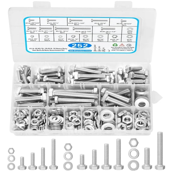 252Pcs Hex Bolts and Nuts Assortment Kit, 1/4-20, 5/16-18, 3/8-16 ...