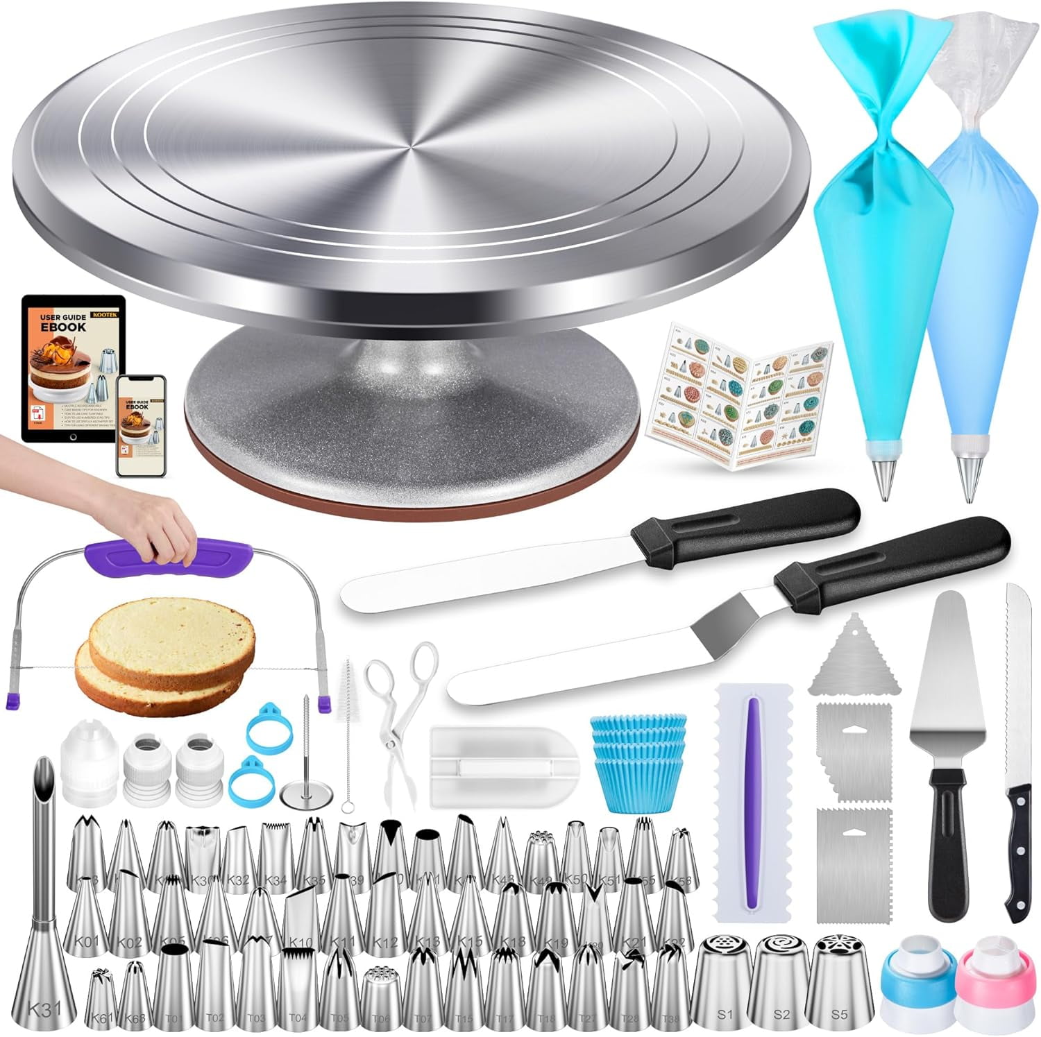 253 Pcs Cake Decorating Kit, 12" Aluminum Alloy Cake Turntable, 48 ...