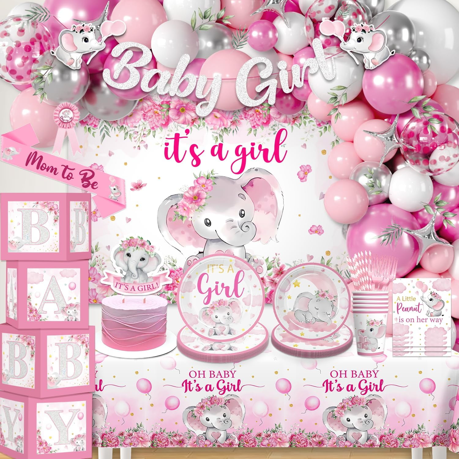 254pcs Baby Shower Girl Decorations, Elephant Baby Shower Decorations ...