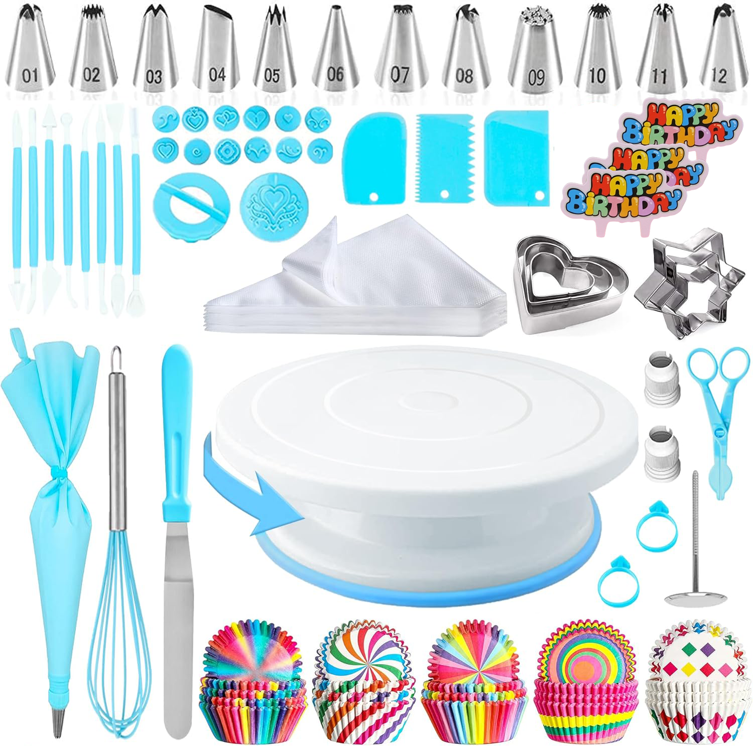 255PCS Cake Decorating Kit for Beginners w/Turntable, Blue Baking Tools ...