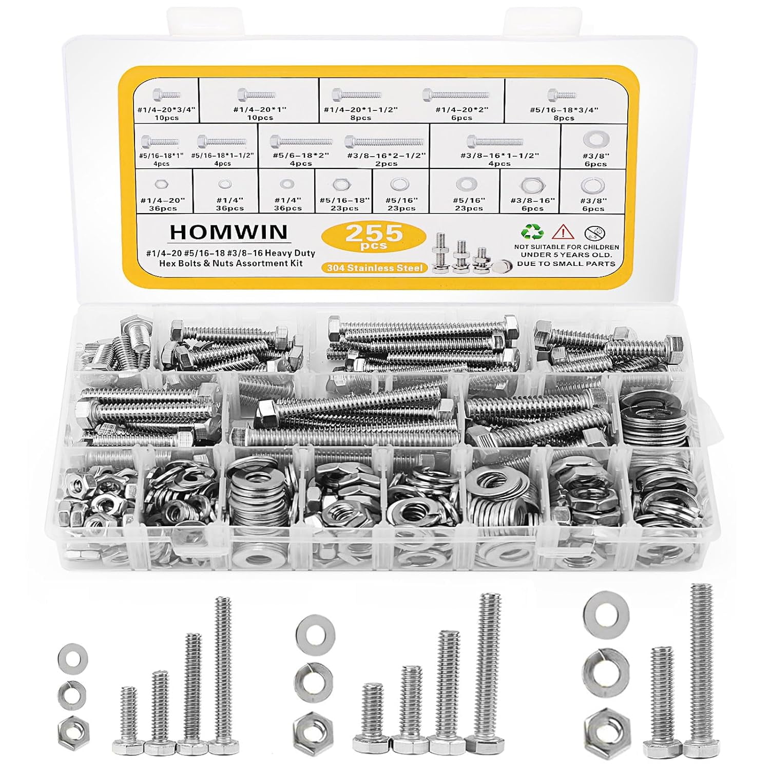 255Pcs Stainless Steel Bolts and Nuts Kit, 1/4-20, 5/16-18, 3/8-16 Hex ...