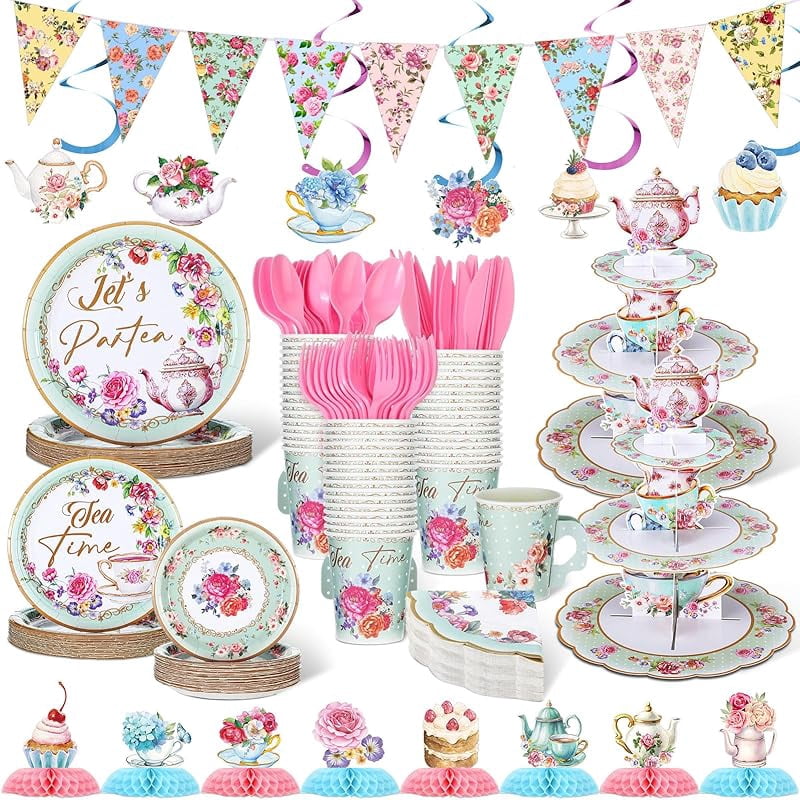 257 Pcs Tea Party Supplies Decoration Include Disposable Floral Paper ...