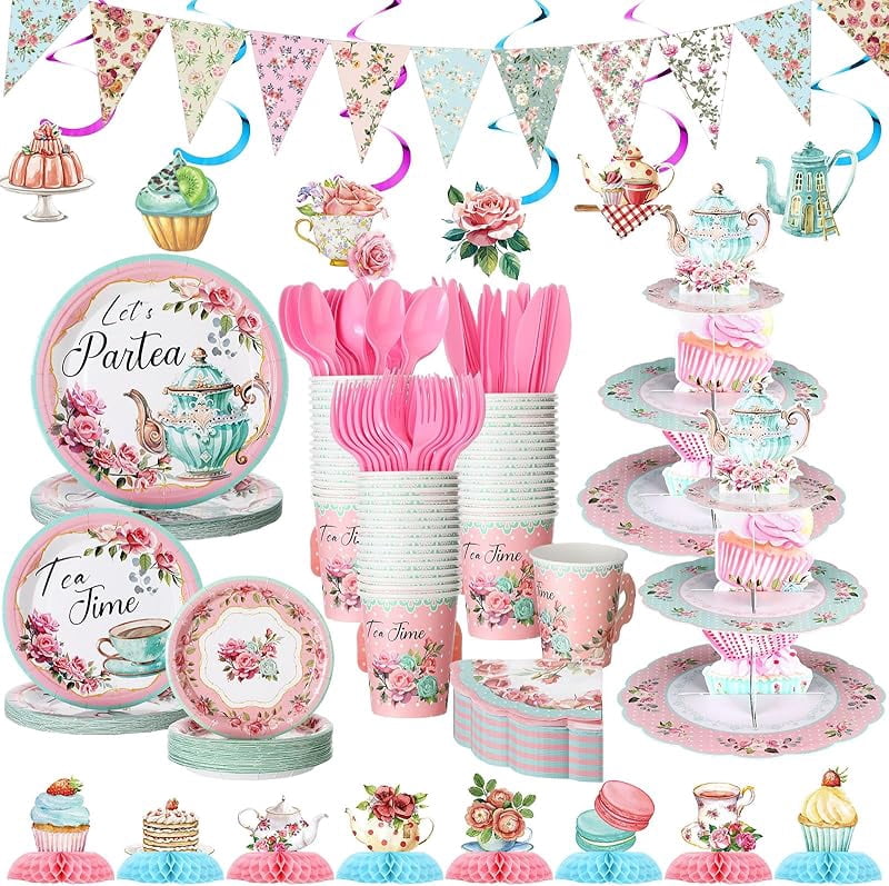 257 Pcs Tea Party Supplies Decoration Include Disposable Floral Paper ...